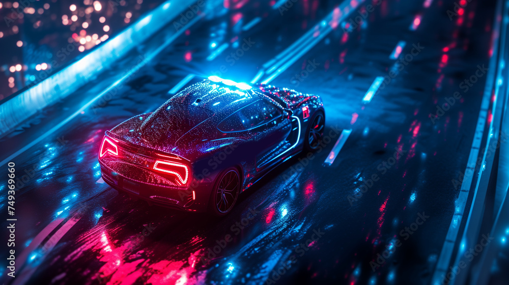 Aerial Drone Following Futuristic 3D Concept Car. Autonomous Self ...