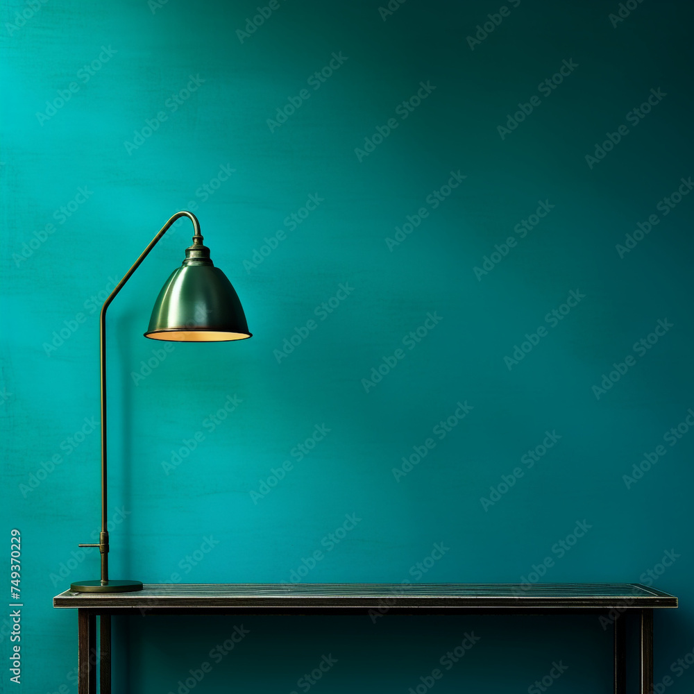 turquoise wall, a lamp facing upwards in front of the wall, the lamp ...