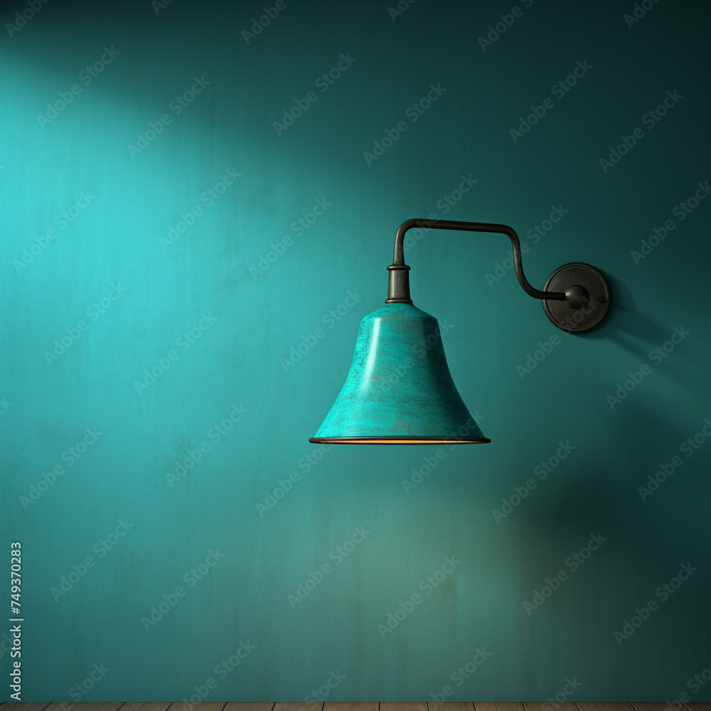 turquoise wall, a lamp facing upwards in front of the wall, the lamp ...
