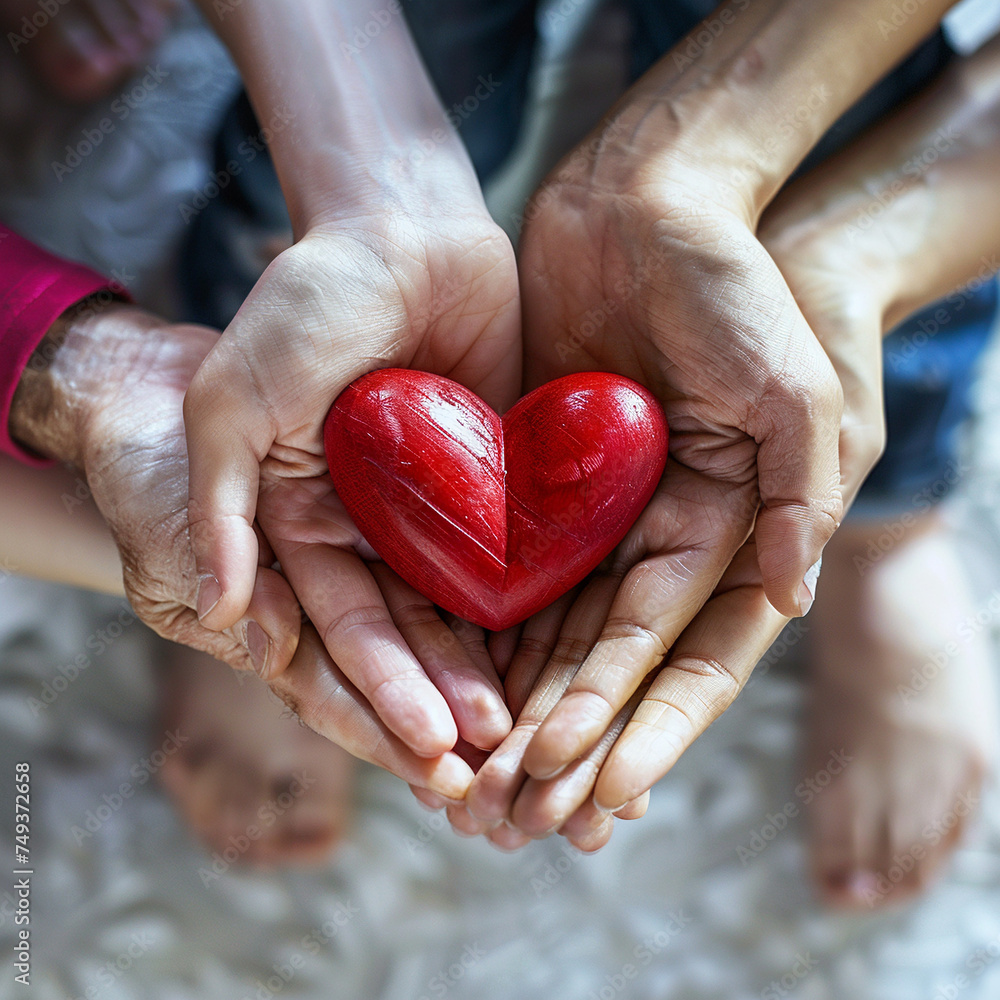 Hands of a multi-generational family holding a red heart together from ...