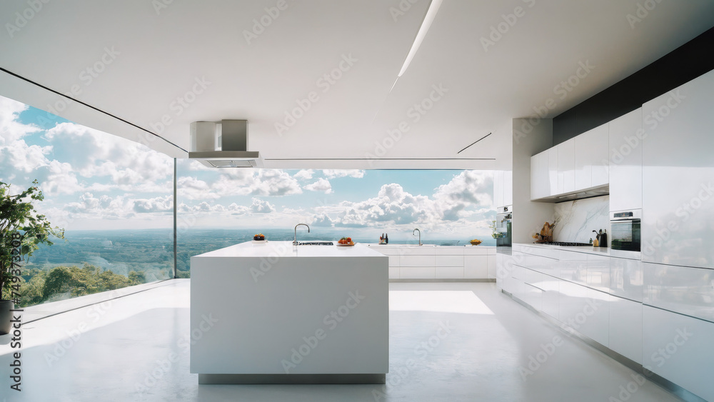 interior design, a modern white futuristic kitchen in the clouds ...