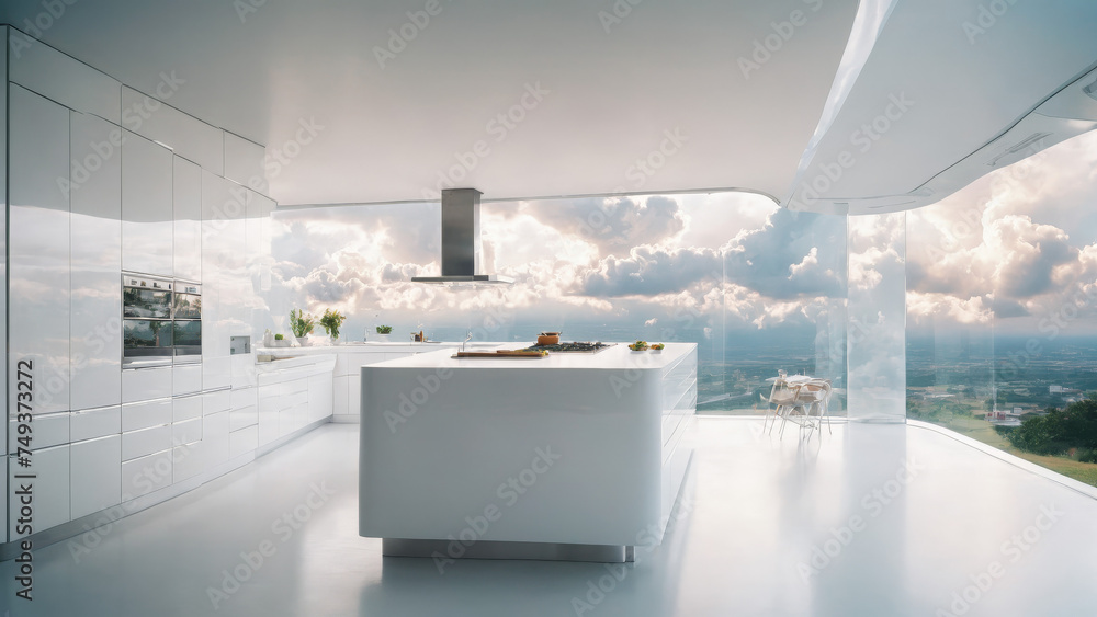interior design, a modern white futuristic kitchen in the clouds ...