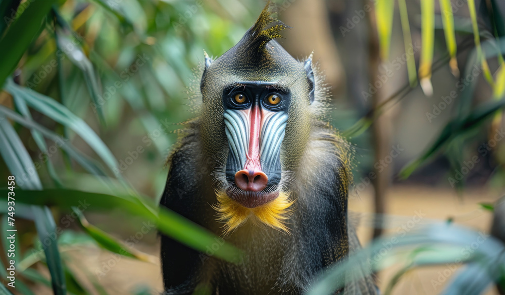 Mandrill with an intense stare and distinctive colourful facial ...