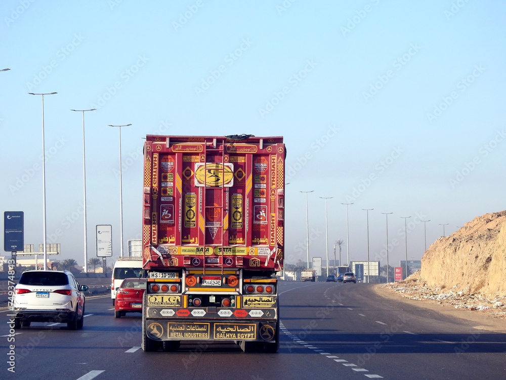 Cairo, Egypt, December 16 2023: flatbed truck big vehicle with a steel ...