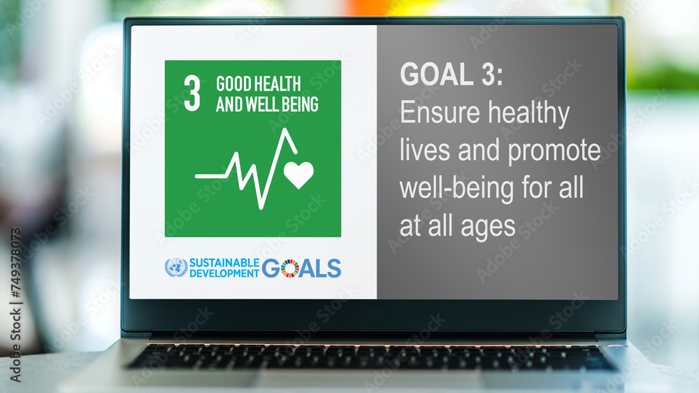 Laptop displaying logo of The Sustainable Development Goal 3 Stock-Foto ...