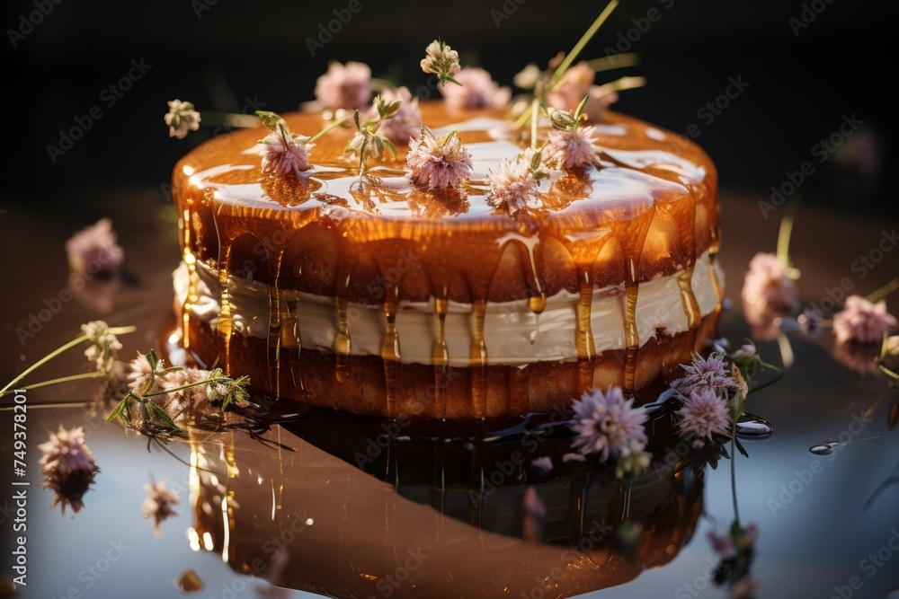 Delicate stream of honey pouring on visually appealing cake in front of ...