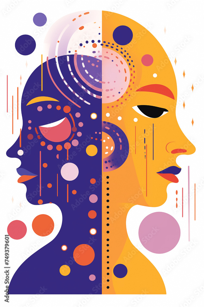 Two faces in profile in orange and purple colors. Concept of creativity ...