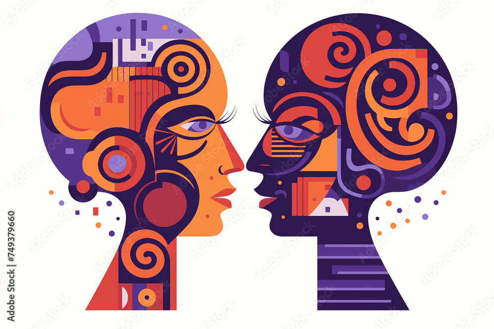 Two faces in profile in orange and purple colors. Concept of creativity ...