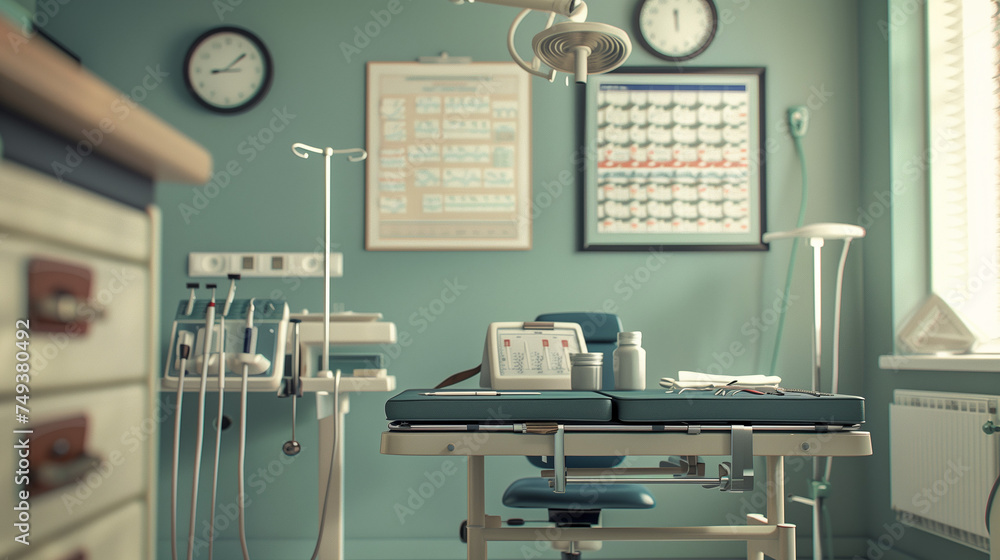 A composition of a doctor's office with medical instruments on the ...