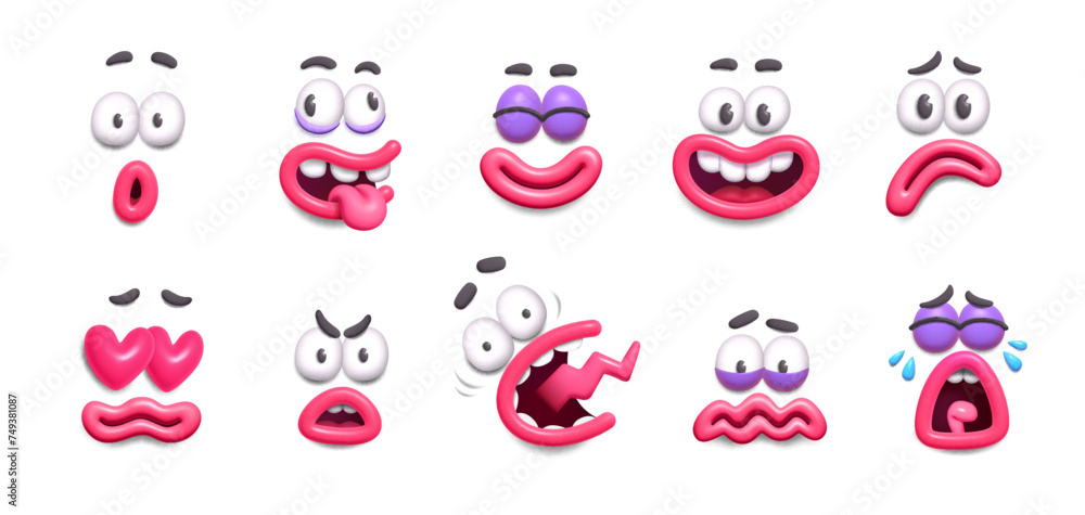3d cartoon faces with funny emotions for mascot. Vector set of ...