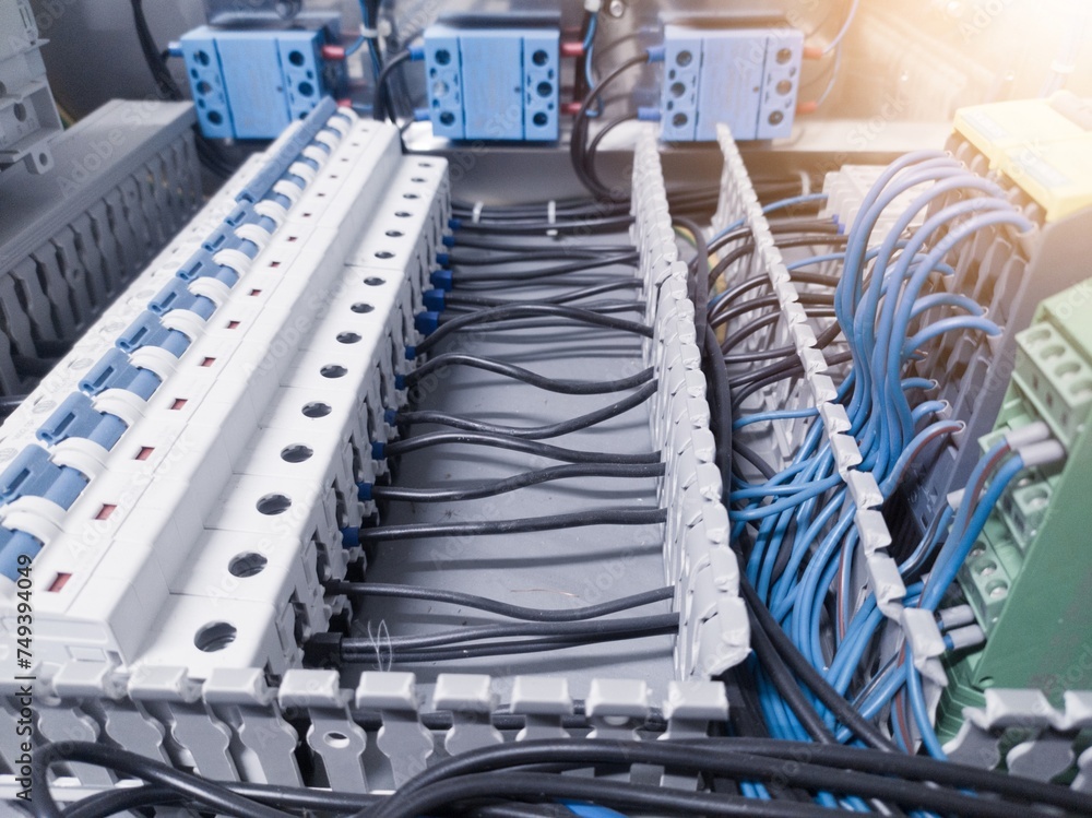 Voltage switchboard with circuit breakers on the panel board. Wire ...