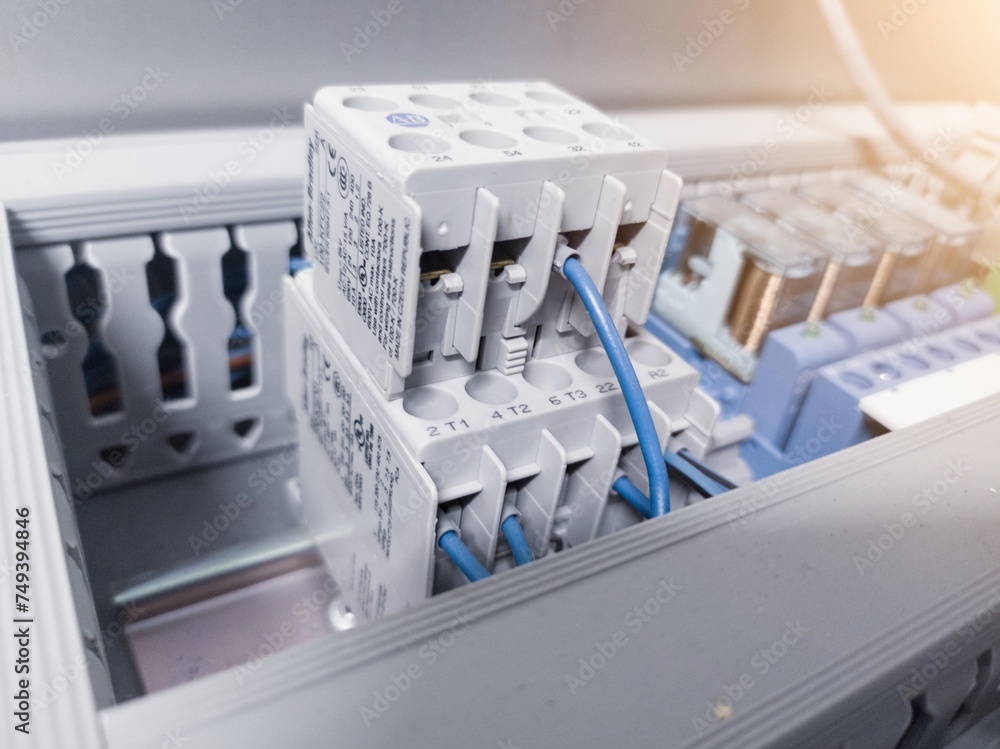 Close up the magnetic contactors relay on panel board, Wiring ...