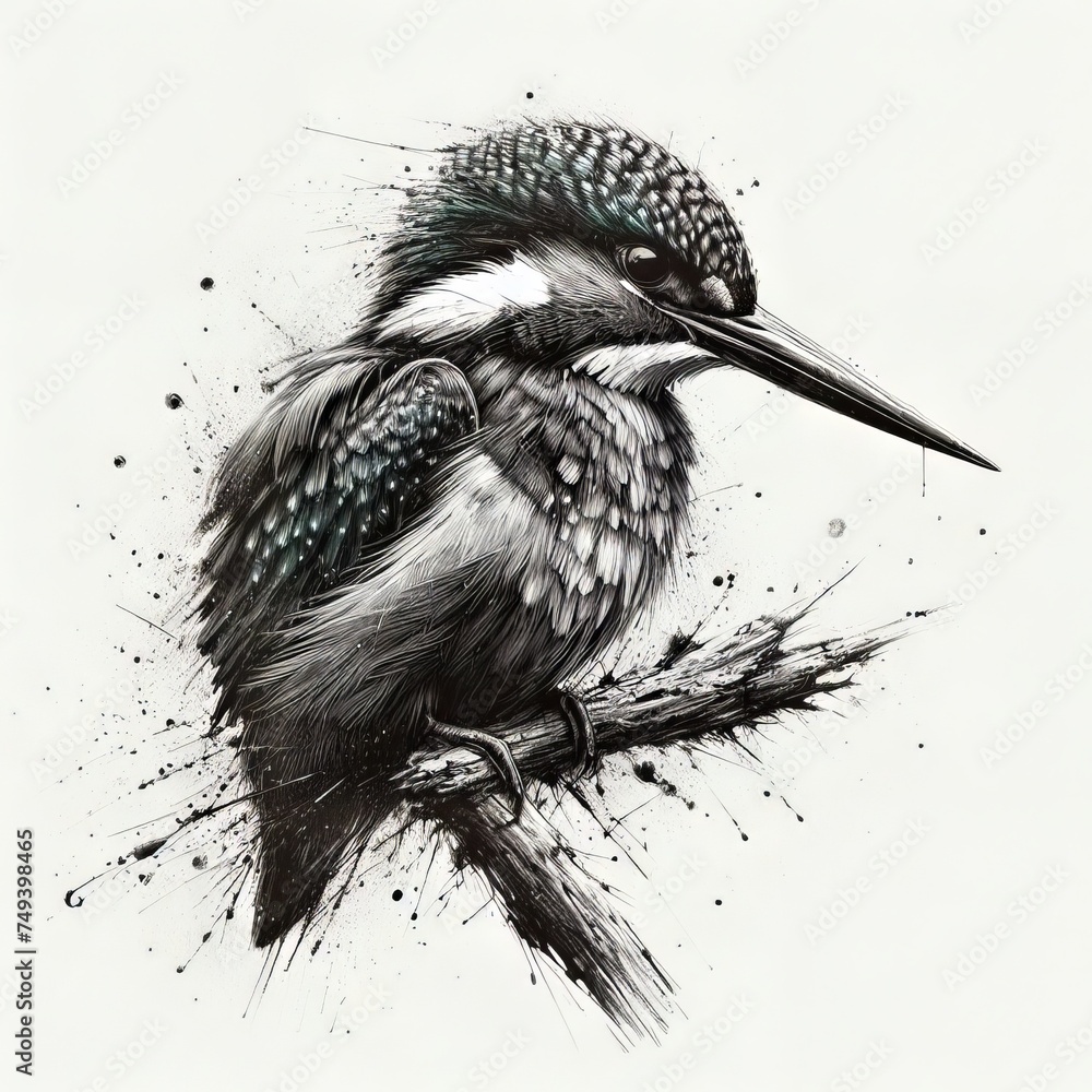 Illustration of a kingfisher fishing in the water, pencil drawing in ...
