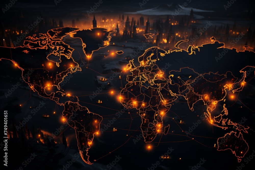 visualize a world map depicting the aftermath of a global nuclear war ...