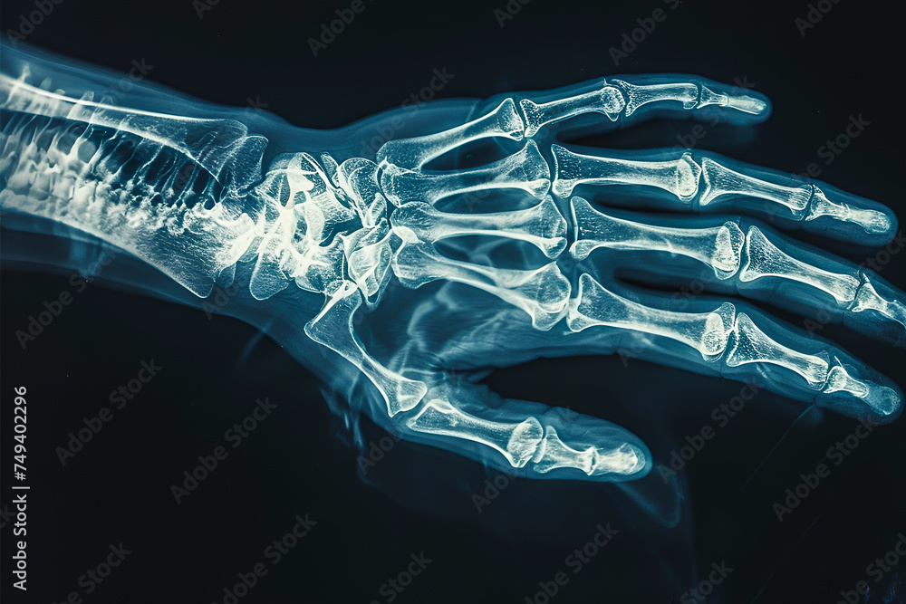 X-ray of human hand. Real human hand image in blue. All bones and ...