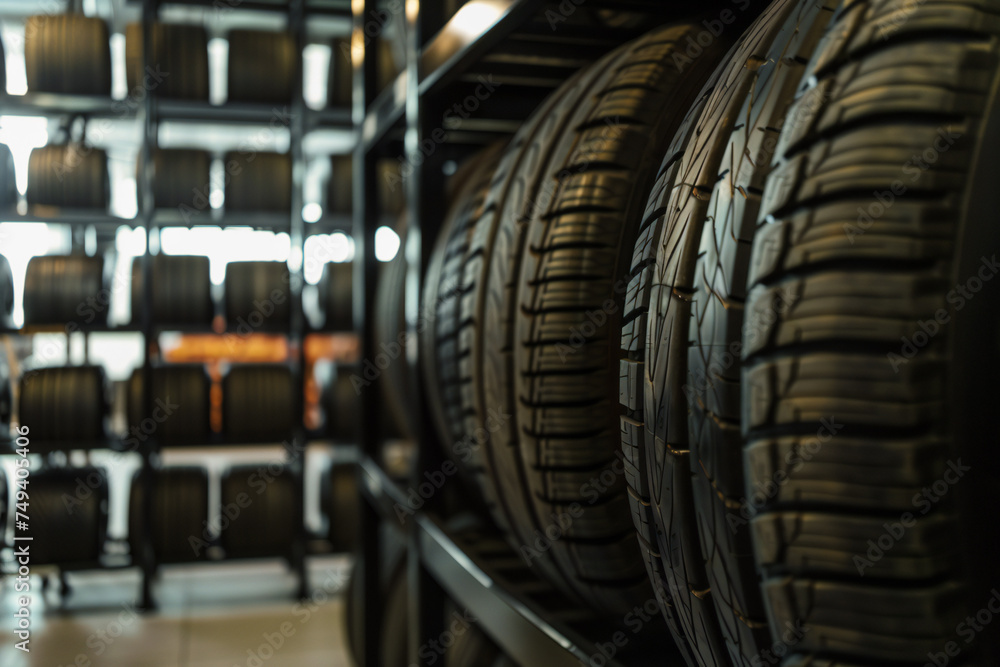 Car tires on store shelves, tire sales, tire store banner Stock ...