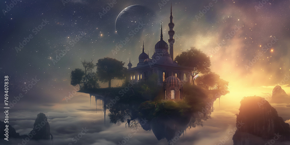 Mosque on the edge of rock cliff at night with surrealism style ...