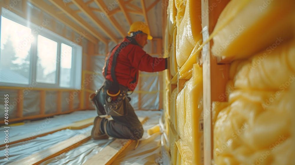 Construction workers are installing fiberglass insulation house walls ...