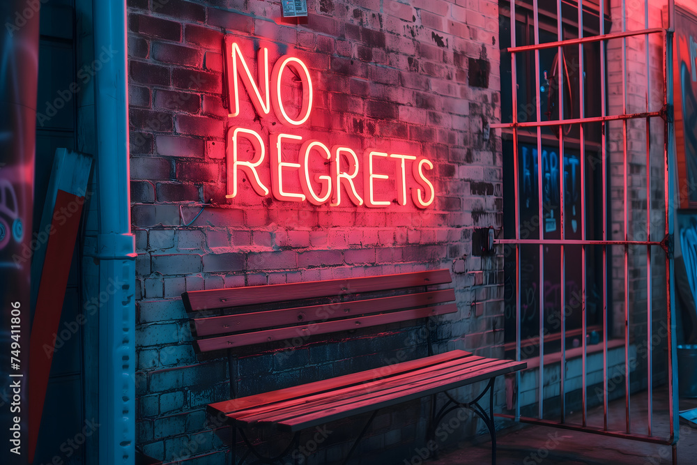 A neon sign that says NO REGRETS on a brick wall. Neural network ...