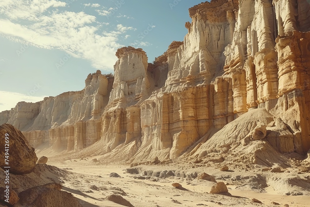 Towering sandstone cliffs rise dramatically from a desert floor, their ...