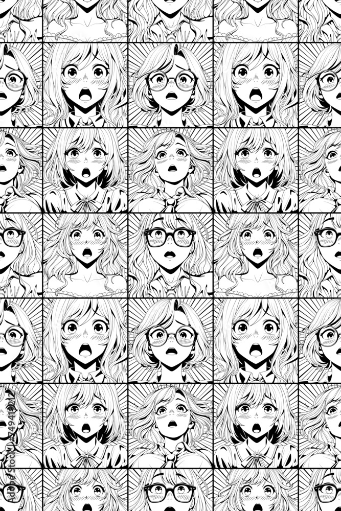 Black vector seamless pattern with anime face emotion, illustration ...