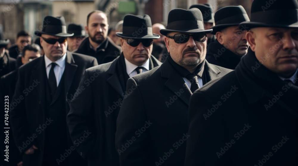 Funeral of a mafia boss. Sad faces. Mourning. People dressed in black ...
