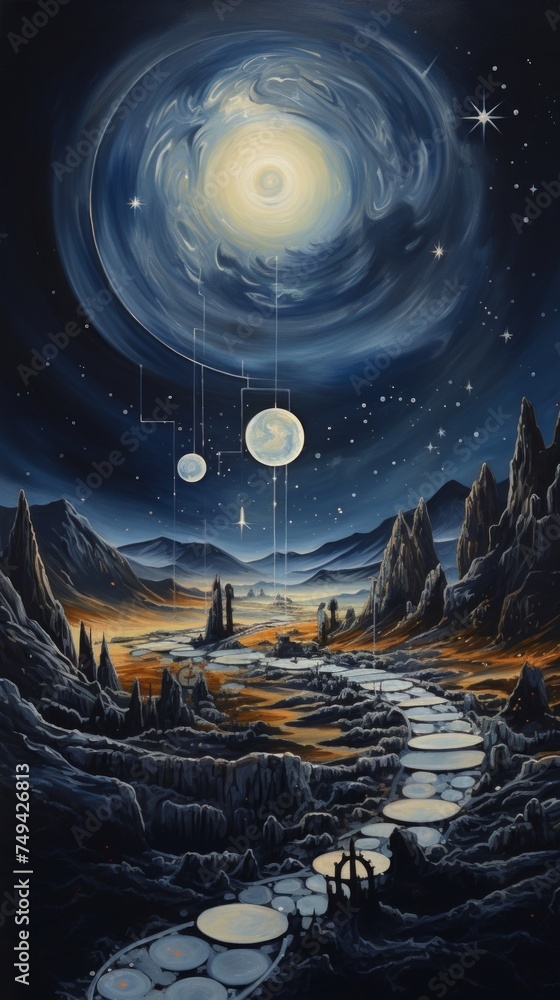 Ethereal landscape where clocks meld with the fabric of space planets ...