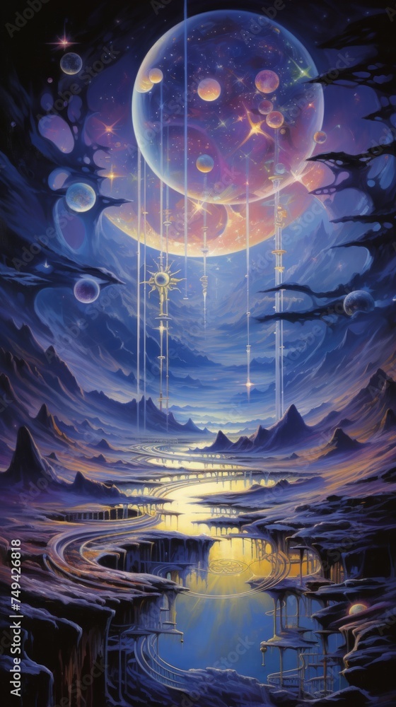 Ethereal landscape where clocks meld with the fabric of space planets ...