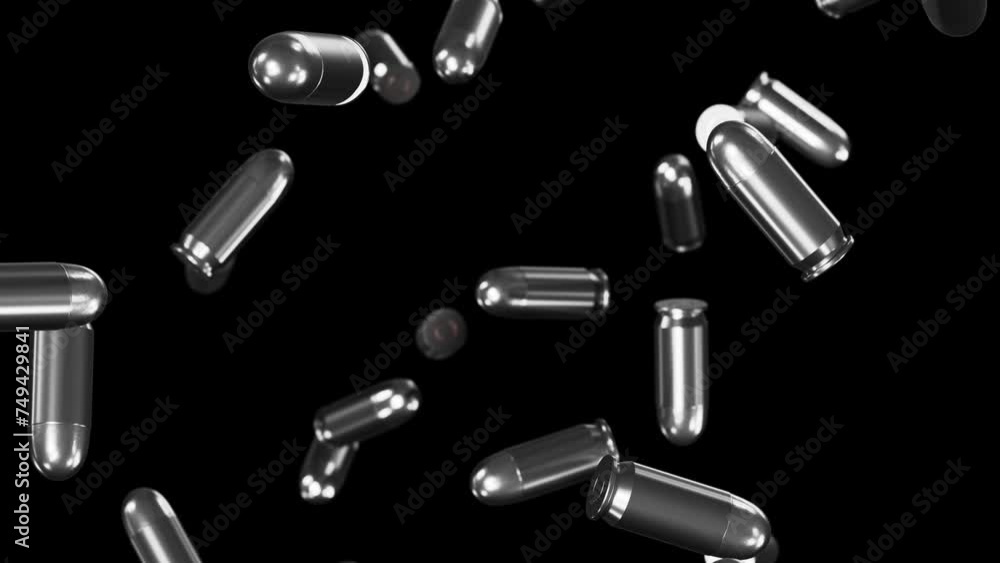 Realistic DOF camera looping 3D animation of the silver 9 mm bullets ...