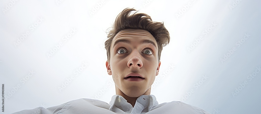 A mean-looking teenager is captured in a moment of surprise, with his ...