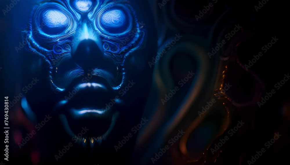 Vidéo Stock Close-up of a mysterious three-eyed creature in bright blue ...