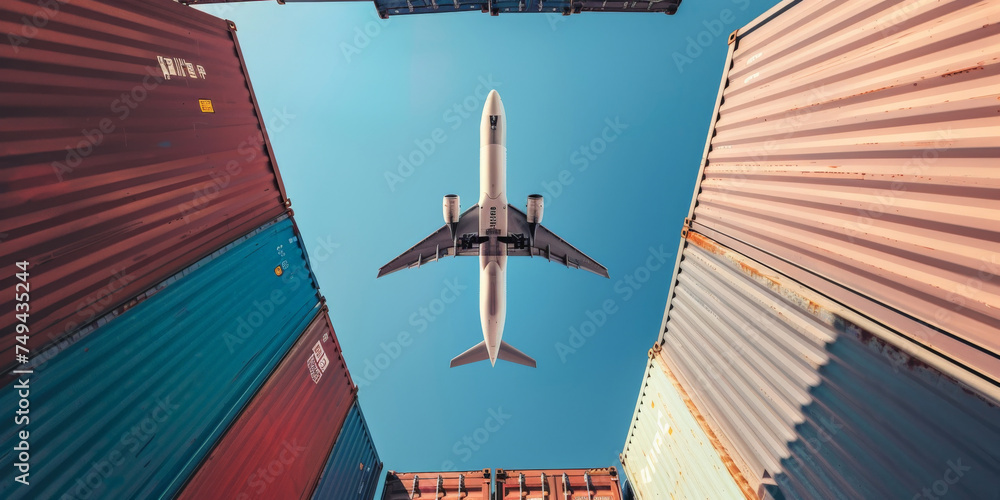White freight airplane flying above shipping containers on clear blue ...