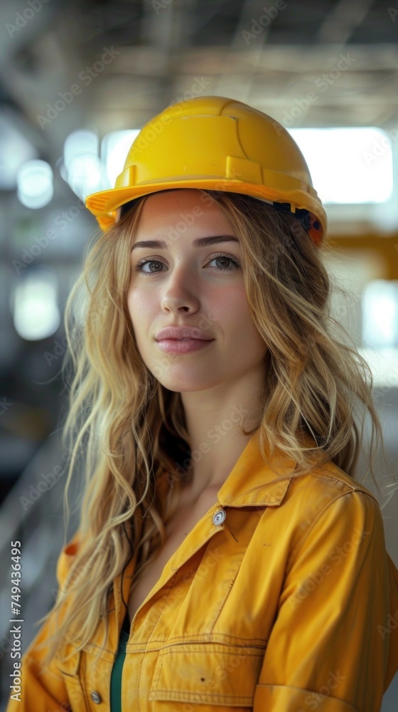 A confident woman, wearing a hard hat, is engaged in work at a factory ...