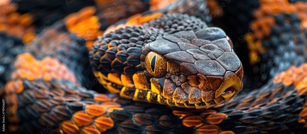A detailed close-up of a snakes head, displaying intricate patterns and ...
