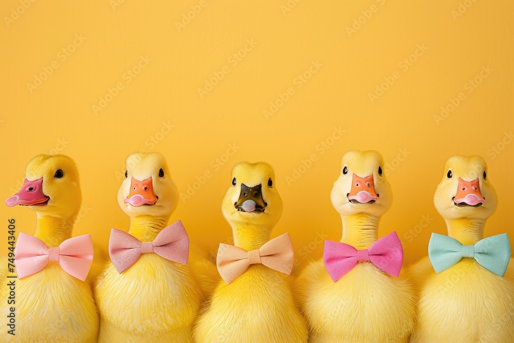 Five ducks with bows on yellow background - A vibrant row of ducks each ...