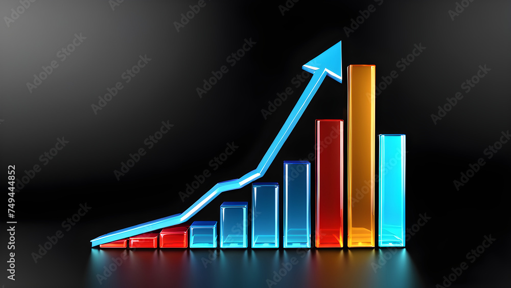 graph on black. arrow going up stock icon with bar chart on black ...