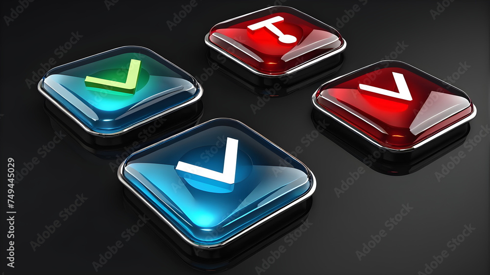 glassy of 3d tick and tick mark icons buttons set isolated on black ...