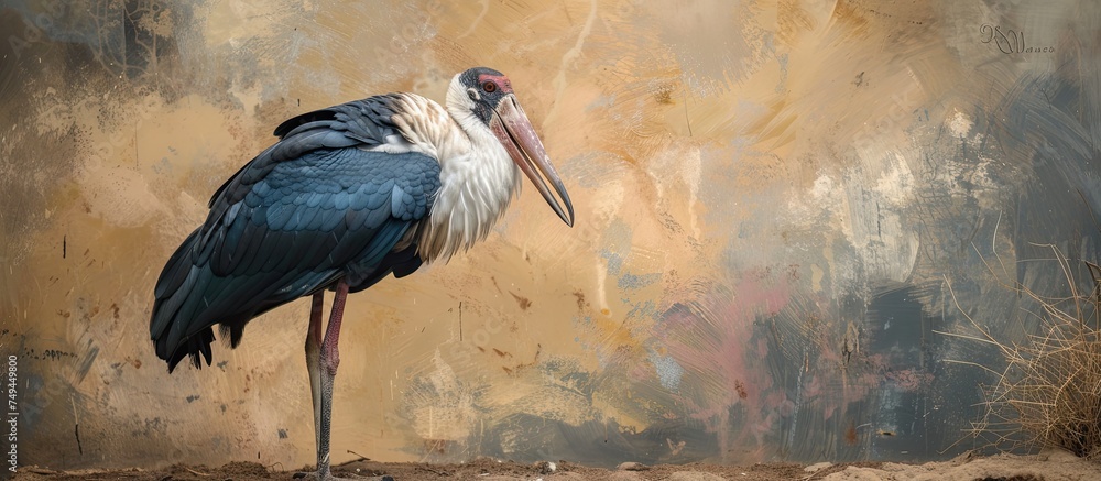A painting depicting a Marabou Stork, Leptoptilos crumeniferus ...