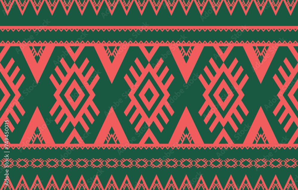 Vibrant red geometric patterns with traditional Aztec motifs on a green ...