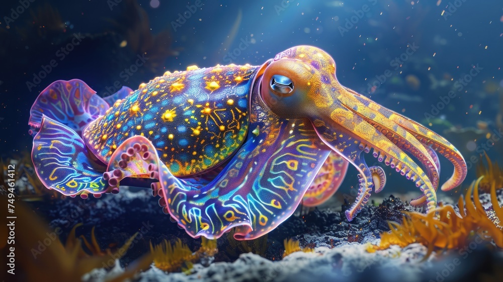 A colorful octopus with bioluminescent patterns glides elegantly over a ...