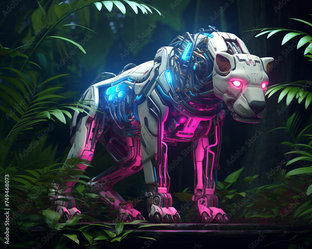 Wildthemed 3D render of a robotic lion with intricate neon detailing ...