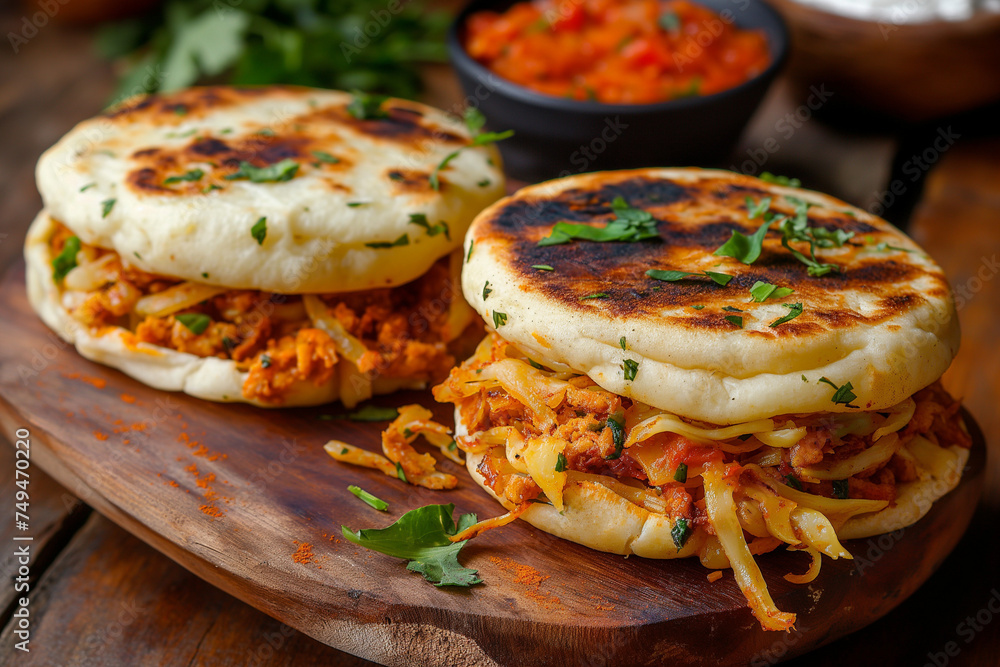 Grilled Arepas Layered with Shredded Chicken, Melted Cheese, and ...