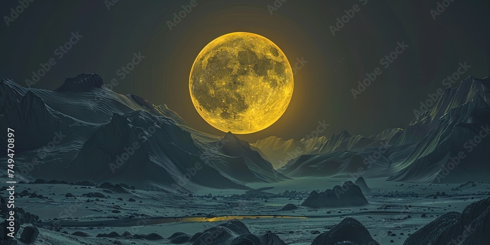 Yellow moon in the night sky with a natural evening landscape Stock ...