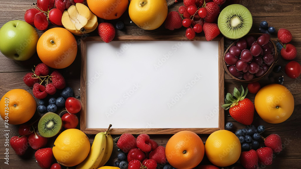 An assortment of colorful fruits framing a blank white rectangle wooden ...