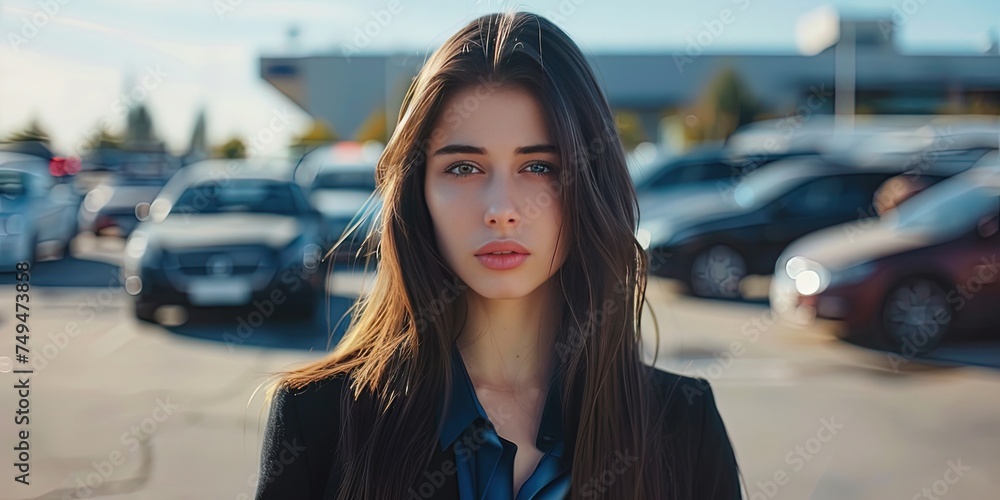 Saleswoman stands outside of the car dealership in the car lot ready to ...