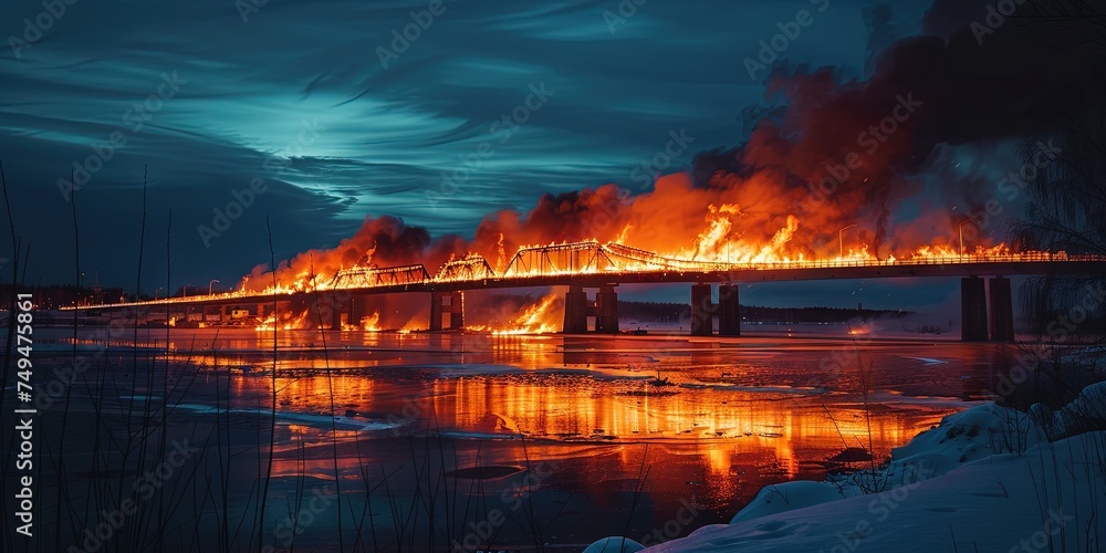 Burning bridges idiom concept - a bridge on fire with large orange and ...