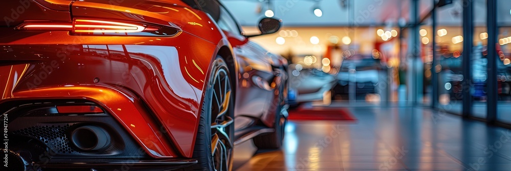 New car sitting on the showroom floor of a car dealership. Interior ...