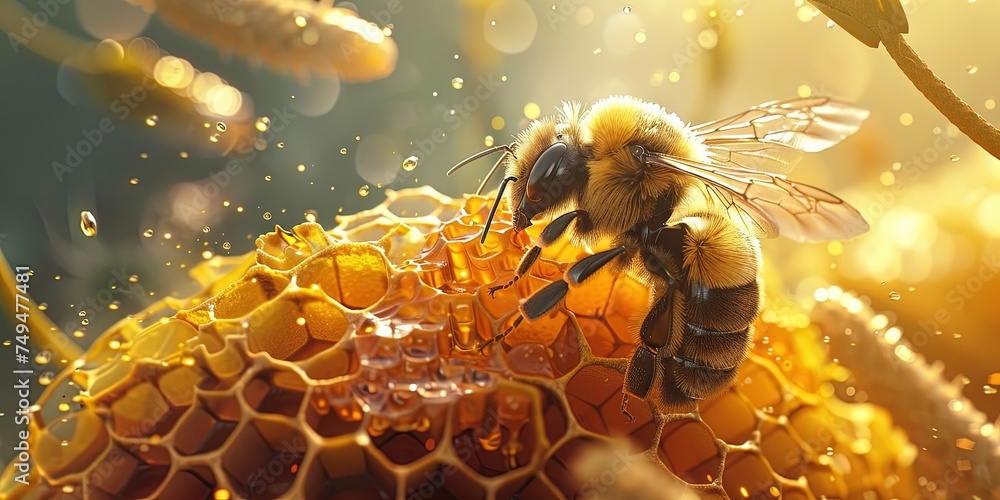 Bumblebee making honey with honeycombs - macro closeup with zoom lens ...