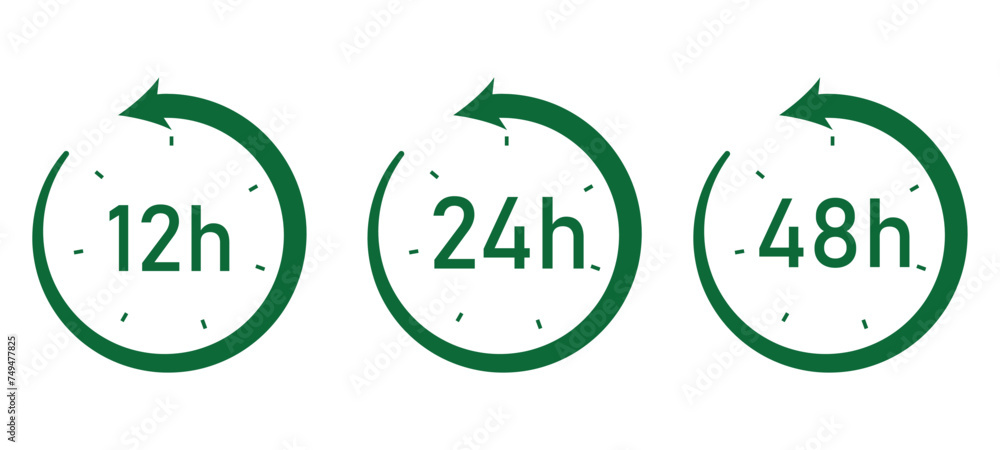 12, 24, 48 hours clock arrow. Vector work time effect or delivery ...