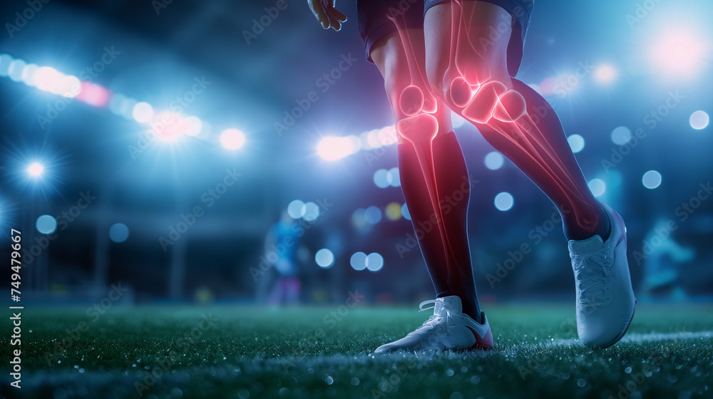 football player pain with injury at knee ankle during play football on ...